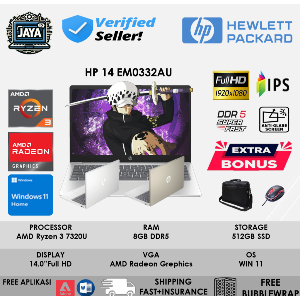 Jual Laptop RESMI HP 14 EM0332AU AMD Ryzen 3 7320U Ram 8GB 512GB SSD ...
