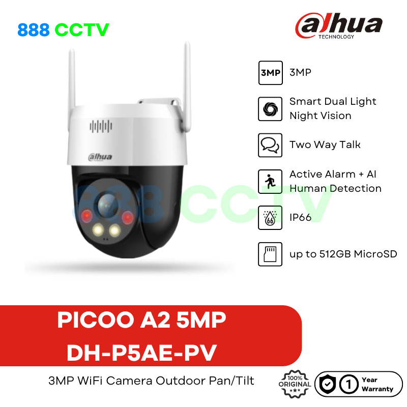 Jual Dahua Picoo A2 5MP P5A Camera Wifi Smart CCTV Wireless Outdoor Pan/Tilt DH-P5AE-PV | Shopee ...