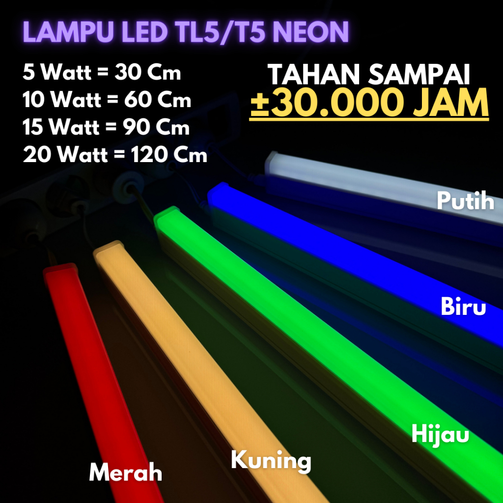 Jual Lampu TL5 Neon T5 LED 5/10/15/20 Watt Tube Warna Warni 30 cm / 60 cm / 90 cm / 120 cm ...