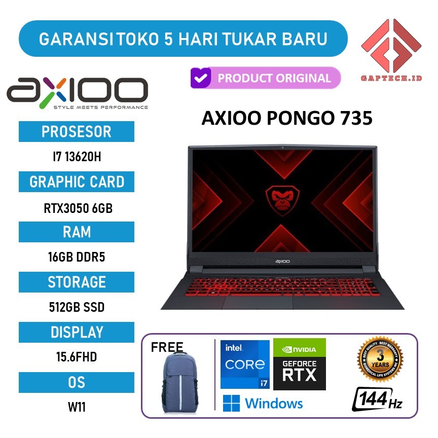 Jual AXIOO PONGO 735 I7 13620H 16GB 512GB RTX3050 6GB W11 15.6FHD 144HZ ...