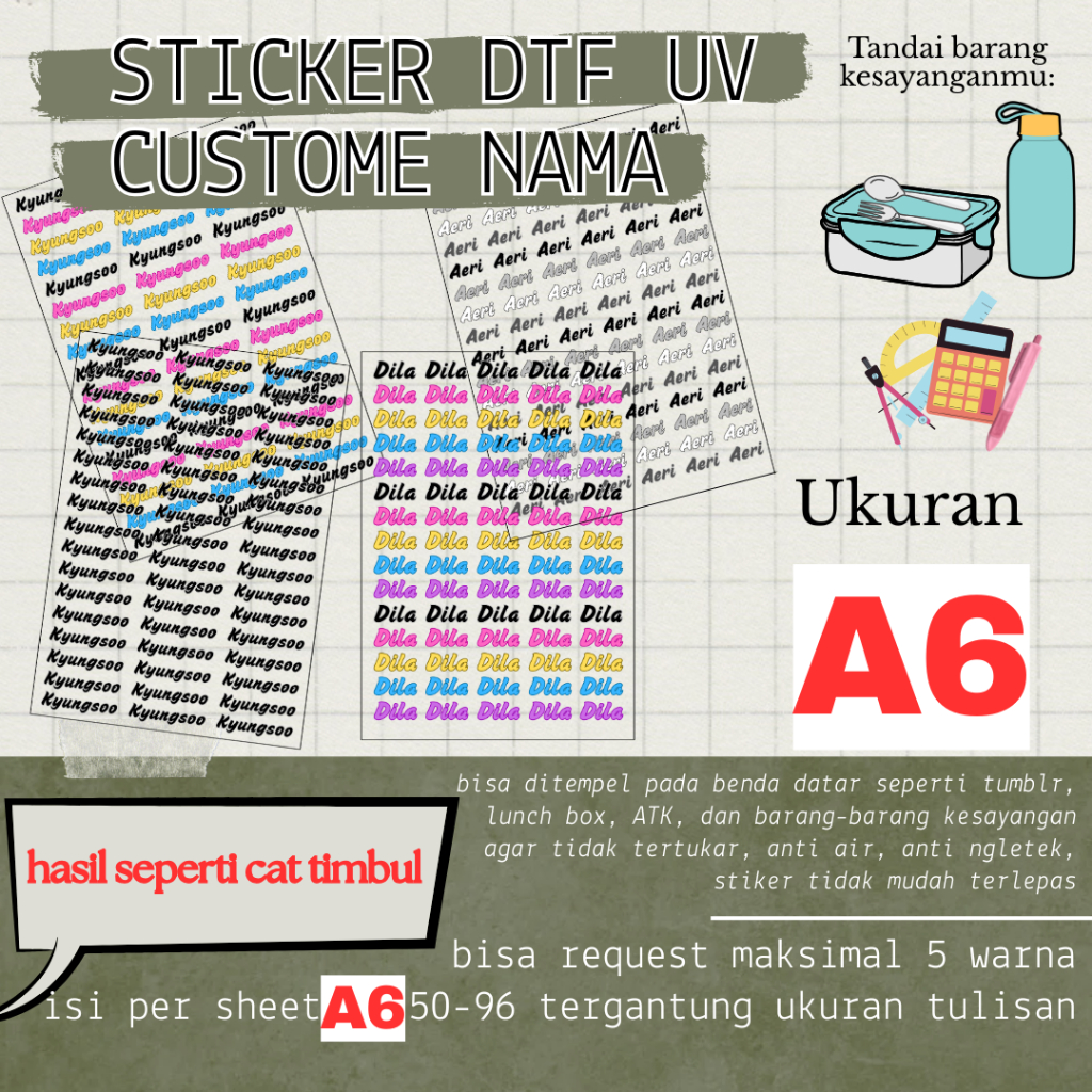 Jual Sticker DTF UV Custome Nama Waterproof Cat Timbul Anti Ngeletek ...