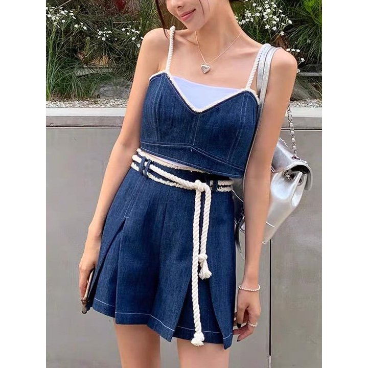 Jual RIVAN TWO-PIECE SET | Cropped Denim Tank Top & Skort Set (Free ...