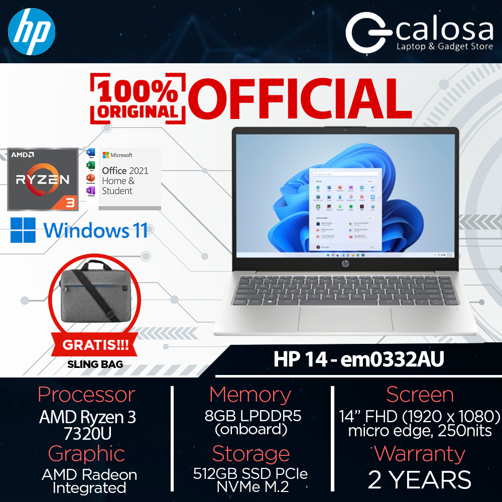 Jual HP 14 em0332AU em0333AU AMD Ryzen 3-7320U 8GB RAM 512GB SSD 14 ...