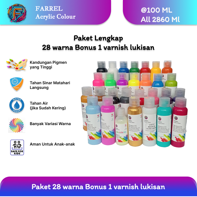 Jual Cat Akrilik / Lukis / Kanvas / Mural Paket lengkap 28 warna isi ...