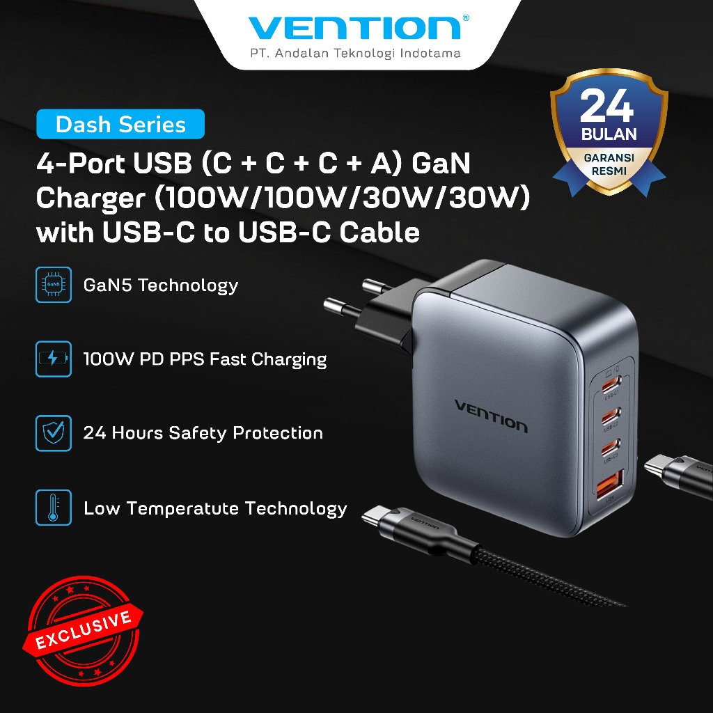Jual Vention Gan Charger Kit 4 Port USB Type C/A 100W PD PPS Bundling ...