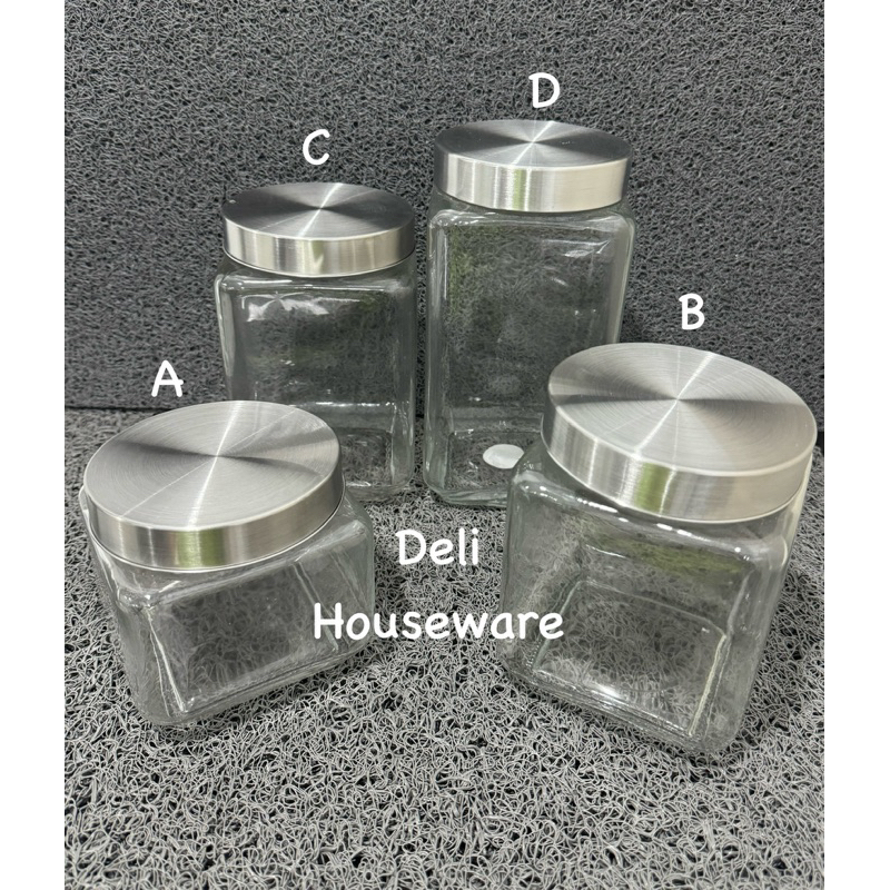 Jual Toples Kaca Segi Tutup Stainless / Toples Kue Segi Kaca Tutup Putar / Toples Cemilan Asinan ...