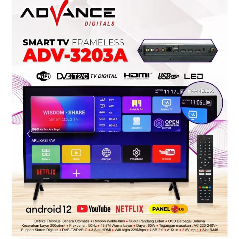 Jual ADVANCE Android Smart TV LED 32 inch HD Frameless Panel LG ADV ...