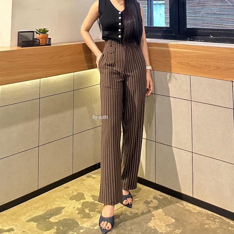 Jual oro pants stripe celana kulot highwaist loose pants trouser anti ...