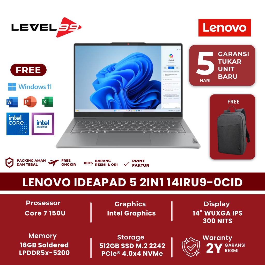 Jual Laptop Lenovo Ideapad 5 2In1 14Iru9-0Cid | Core 7-150U 16/512 Uhd 14" W11+Ohs21 | Shopee ...