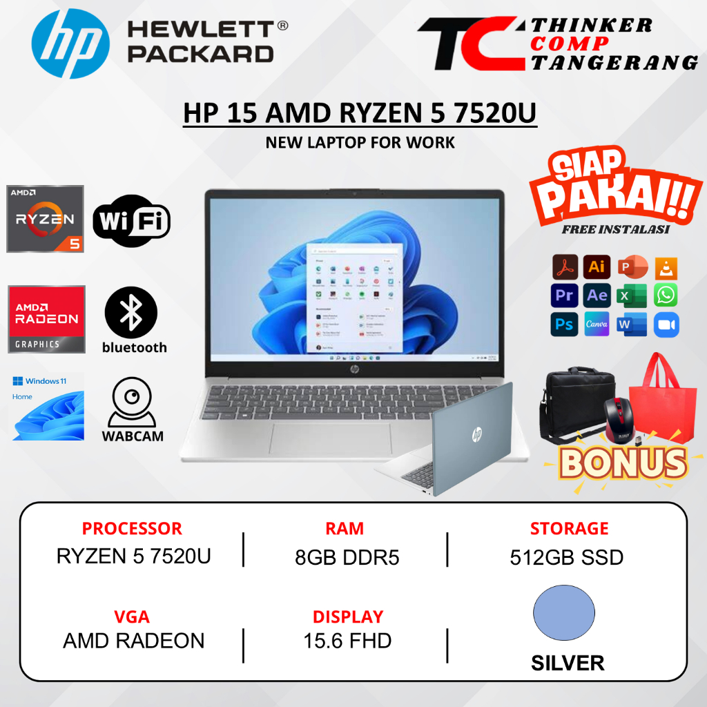 Jual Laptop Editing HP 15 AMD Ryzen 5 7520U Ram 8GB 512GB SSD FHD ...