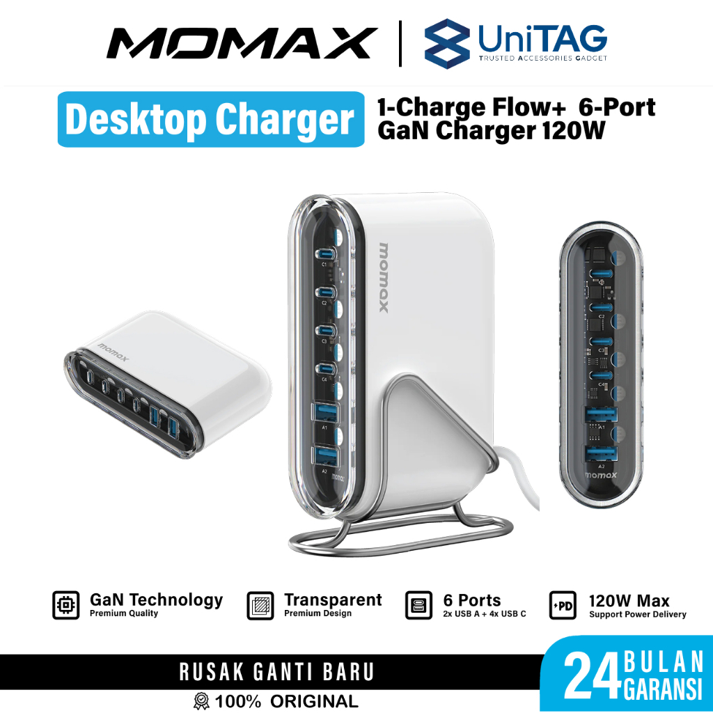 Jual Momax Desktop Charger Adaptor Momax 120W PD GaN USB A Type C Fast ...