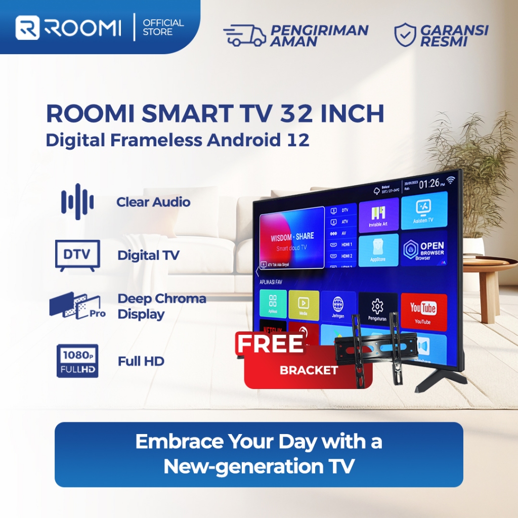 Jual ROOMI Smart TV 32 Inch Digital Frameless Android 12 RMTV032-F ...