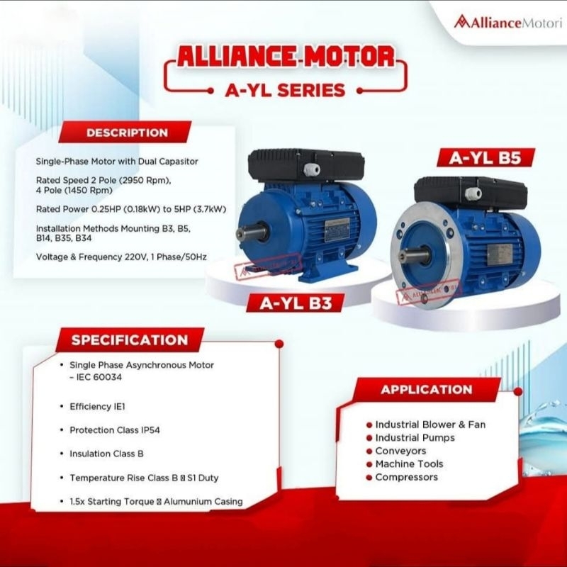 Jual Alliance Dinamo 1 Phase 0.5 HP 0.37 KW 1400Rpm 4 Pole Dual Capacitor 100% FULL TEMBAGA ...