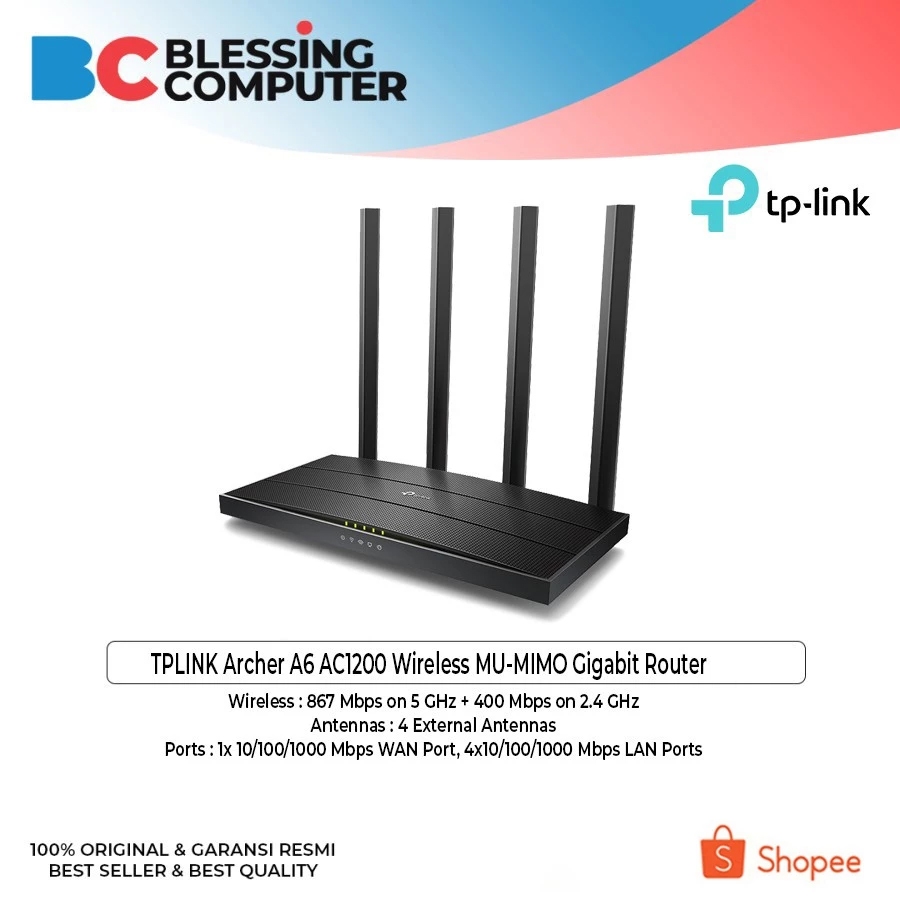 Jual TPLINK Archer A6 AC1200 Wireless MU-MIMO Gigabit Router | Shopee ...