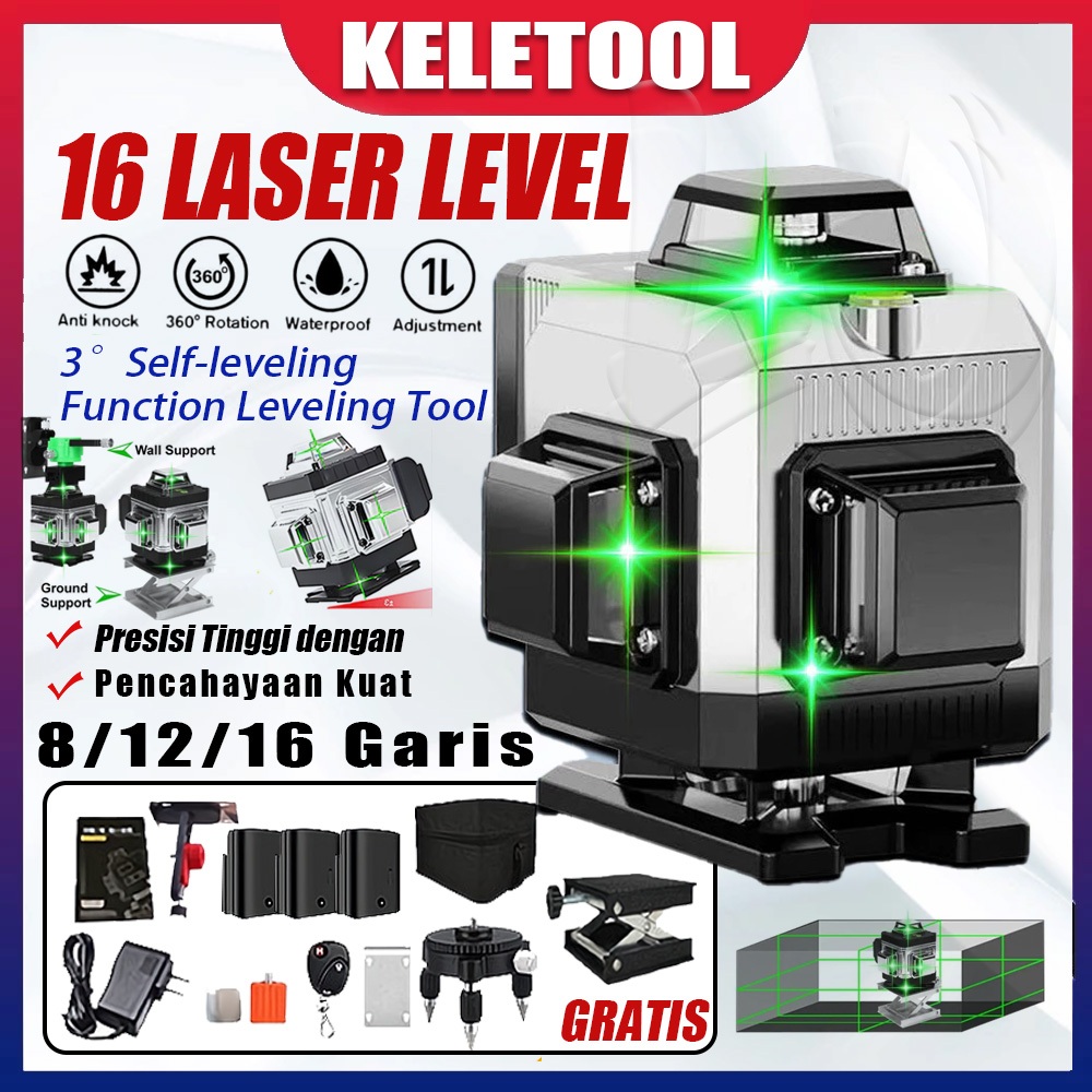 Jual 16 Line Laser Level 360 Self Leveling Professional 4D Green Cross Line Laser Level dengan 2 ...