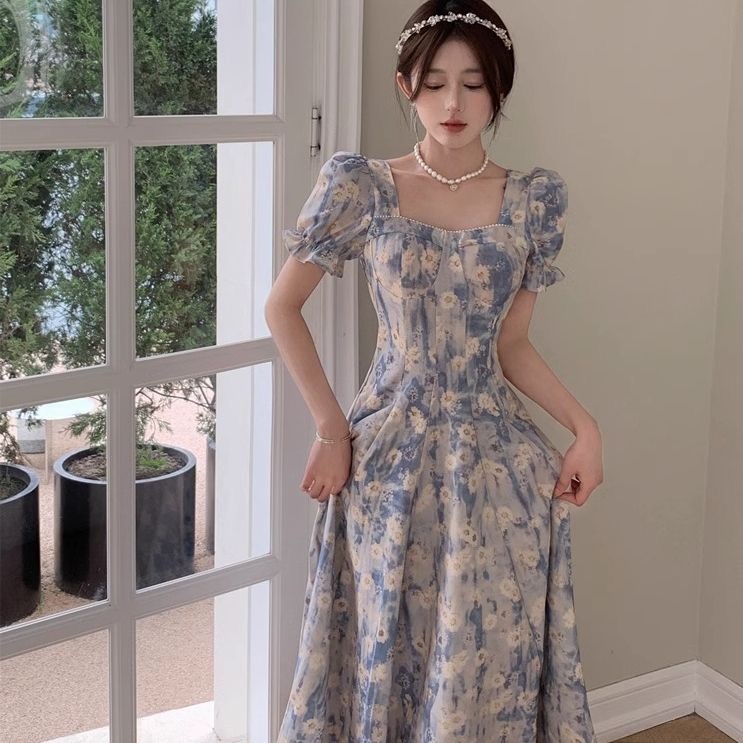 Jual 25OCLOCK Gaun Bunga Lukisan Minyak Biru | Shopee Indonesia