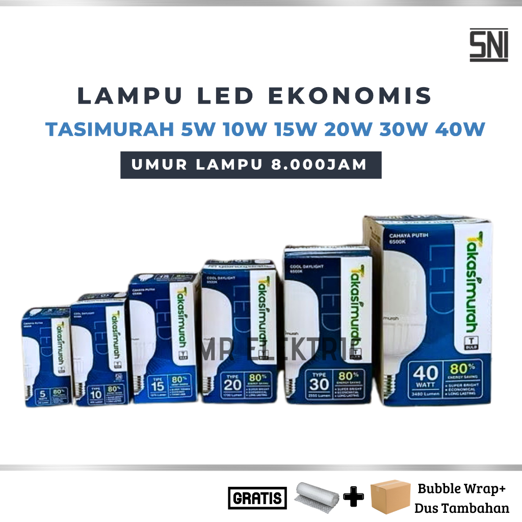 Jual Lampu LED Bohlam Ekonomis Takasimurah 5W 10W 15W 20W 30W 40WATT Cahaya Putih Kapsul SNI ...