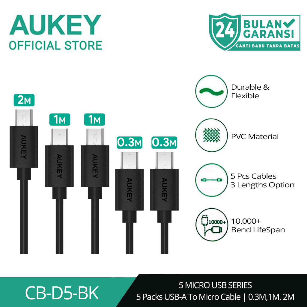 Jual AUKEY Kabel Charger ( 5pcs ) USB A To Micro PVC CB-D5 Black 3A ...
