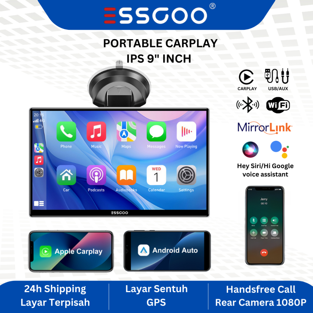 Jual ESSGOO 9inci Portable Carplay Nirkabel Portabel Multimedia Mobil Layar Sentuh Monitor IPS ...