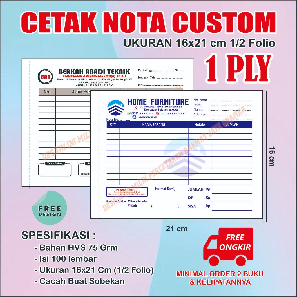 Jual Cetak Nota Custom UKuran 1/2 Folio 1 Ply Isi 100 Lb Free Desain ...