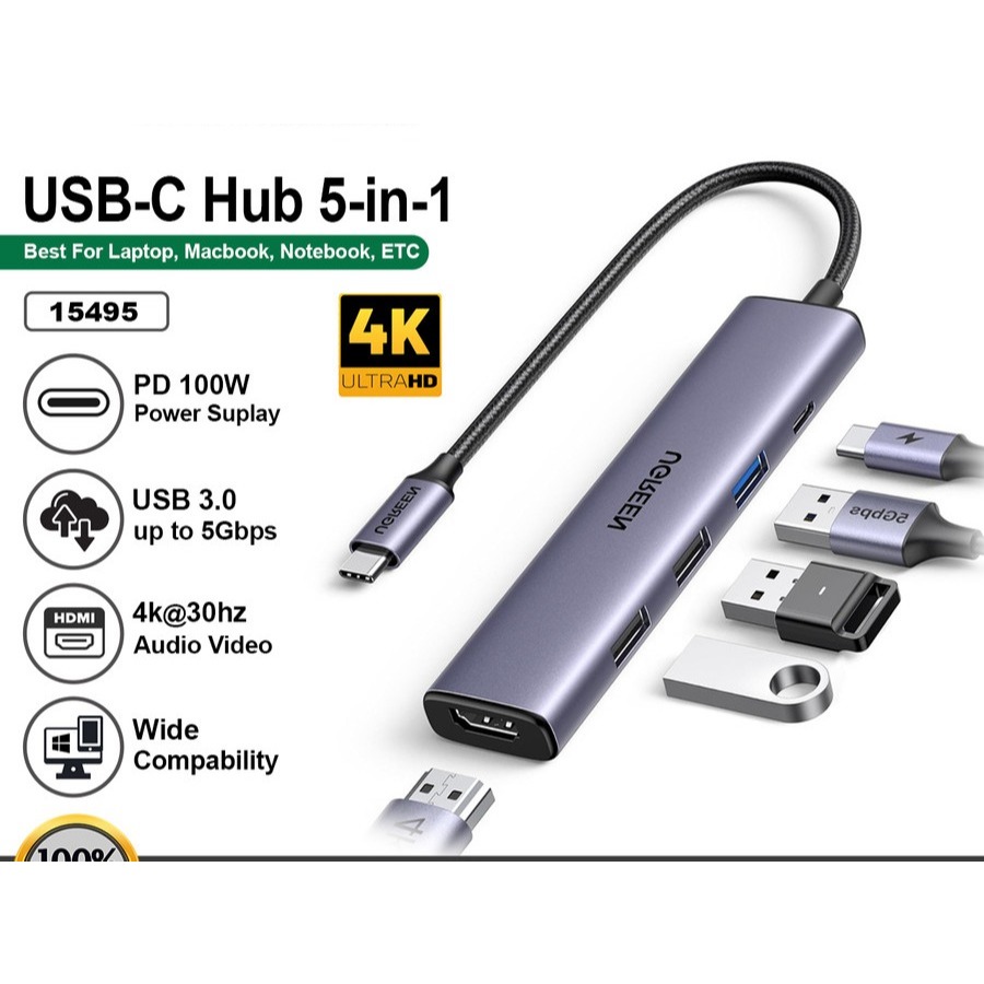 Jual UGREEN USB Hub Type C 5 in 1 USB 3.0 HDMI 4K 30HZ Display 15495 GARANSI RESMI | Shopee ...