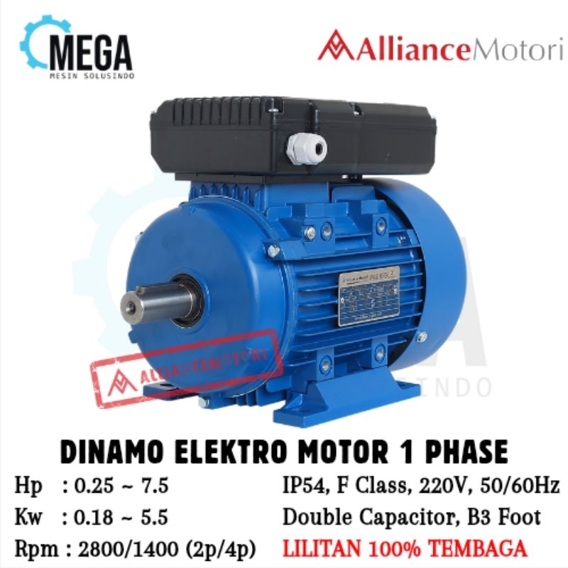 Jual Alliance Electro Motor 1 Phase Full Tembaga 1400/2800RPM B3 FOOT 220V 2P/4P 0.25HP~7.5HP ...