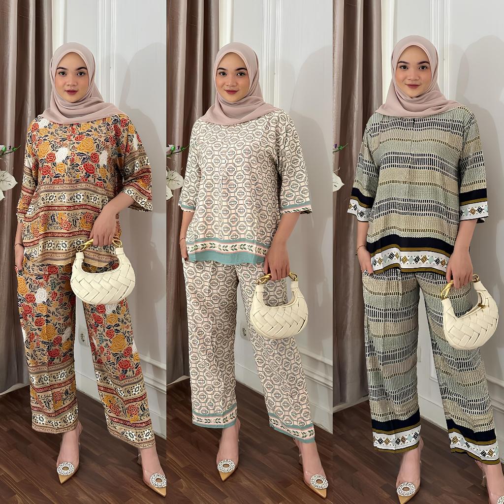 Jual Tahlia Oneset Setelan Celana Kulot Panjang Lengan 7/8 Rayon Motif ...