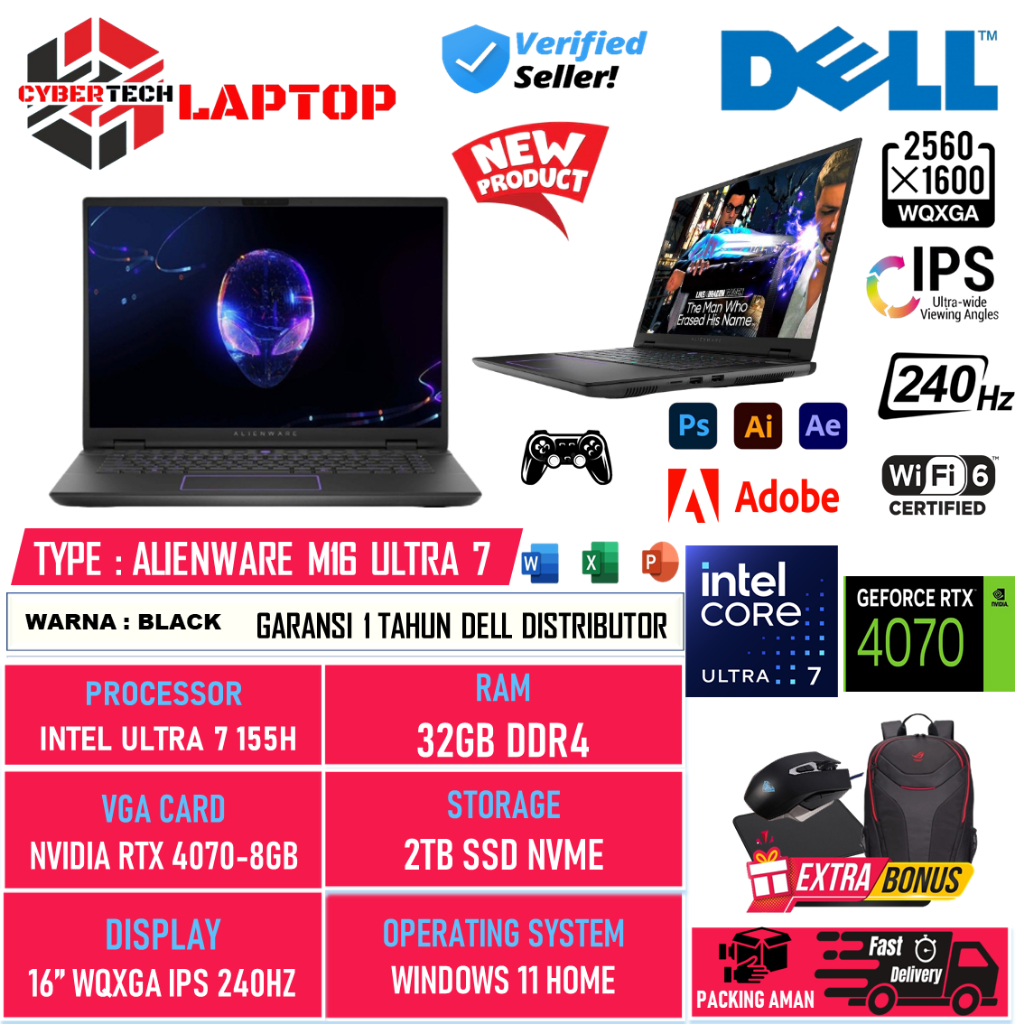 Jual Laptop Dell Alienware M16 Intel Ultra 7 155H RTX4070 8GB Ram 32GB 2TB SSD WQXGA IPS 240HZ ...
