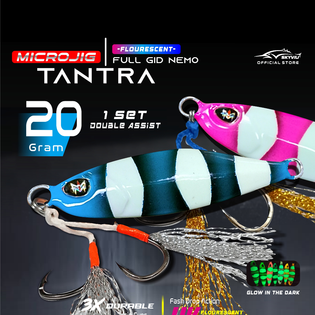 Jual Micro Jig 20 Gram SKYVIU TANTRA + Assist Hook Double Umpan Casting Full GID Nemo Malam ...