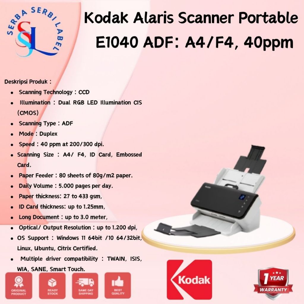 Jual KODAK Alaris E1040A4 Scanner Garansi Resmi | E1040 40ppm Original ...