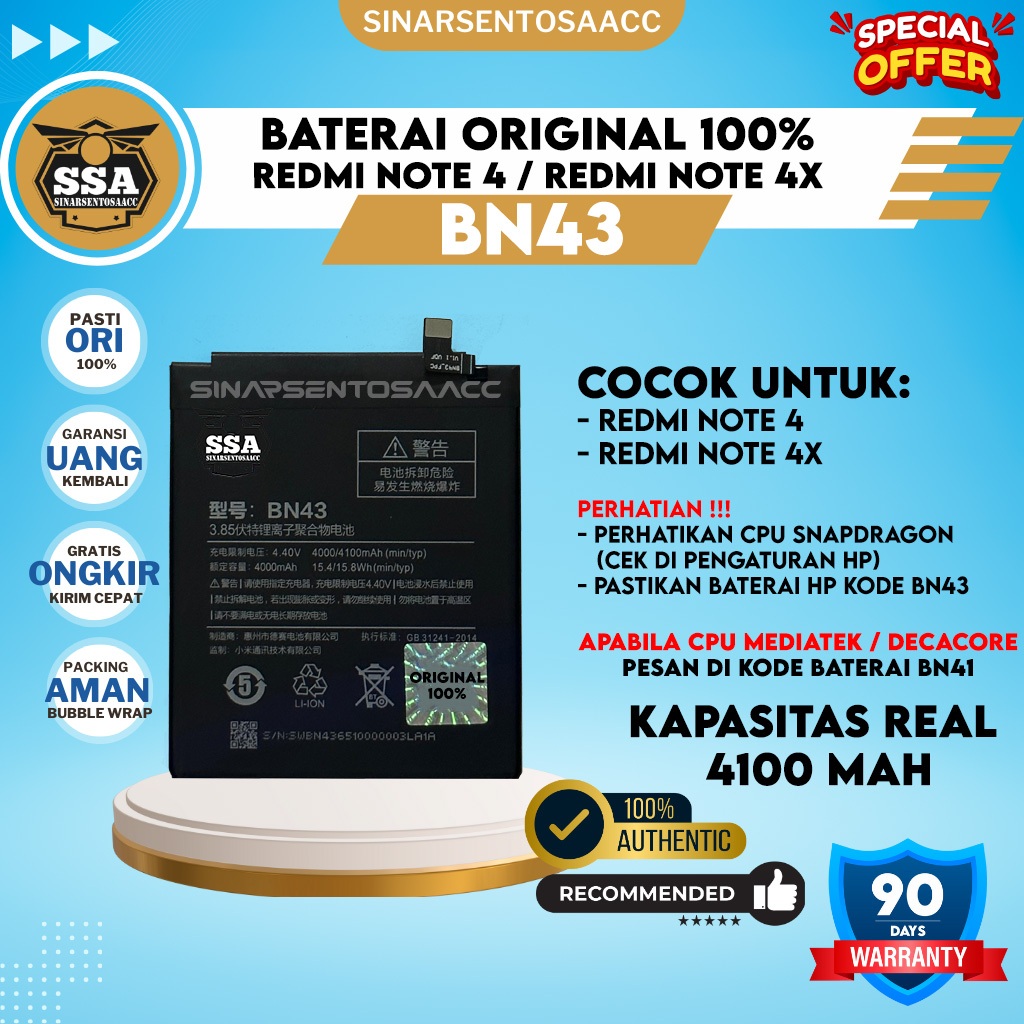 Jual Baterai Original 100% Redmi Note 4 Note 4x BN43 Snapdragon Batre Batrai Batrei Batu Battery ...