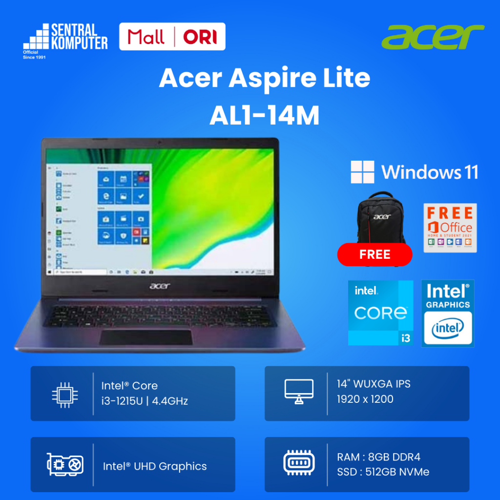 Jual ACER ASPIRE LITE MAGICAL COLOR AL1 14M 3MID I3 1215U 8GB 512GB SSD ...