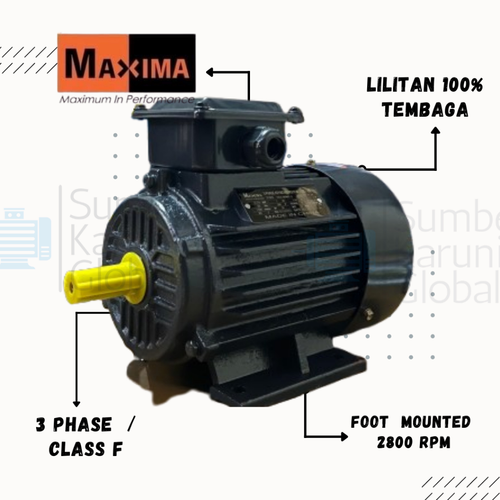 Jual Elektro Motor Maxima 1 HP 2 HP 3 HP 5,5 HP 7,5 HP 2800 RPM 3 Phase 2 Pole Foot Mounted B3 ...