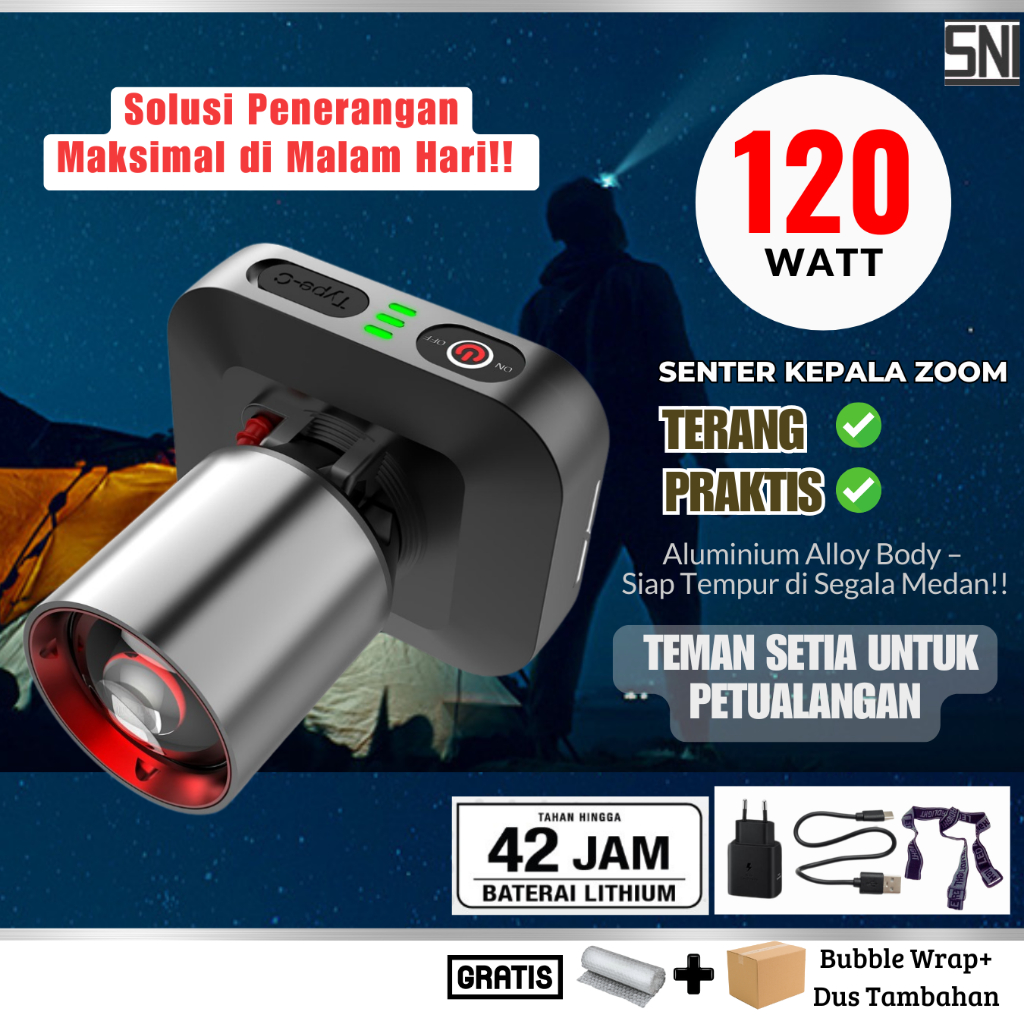 Jual Senter Kepala Zoom 120W/Watt Laser Jarak Jauh Headlamp Rechargeable Cahaya Putih 3 Mode ...