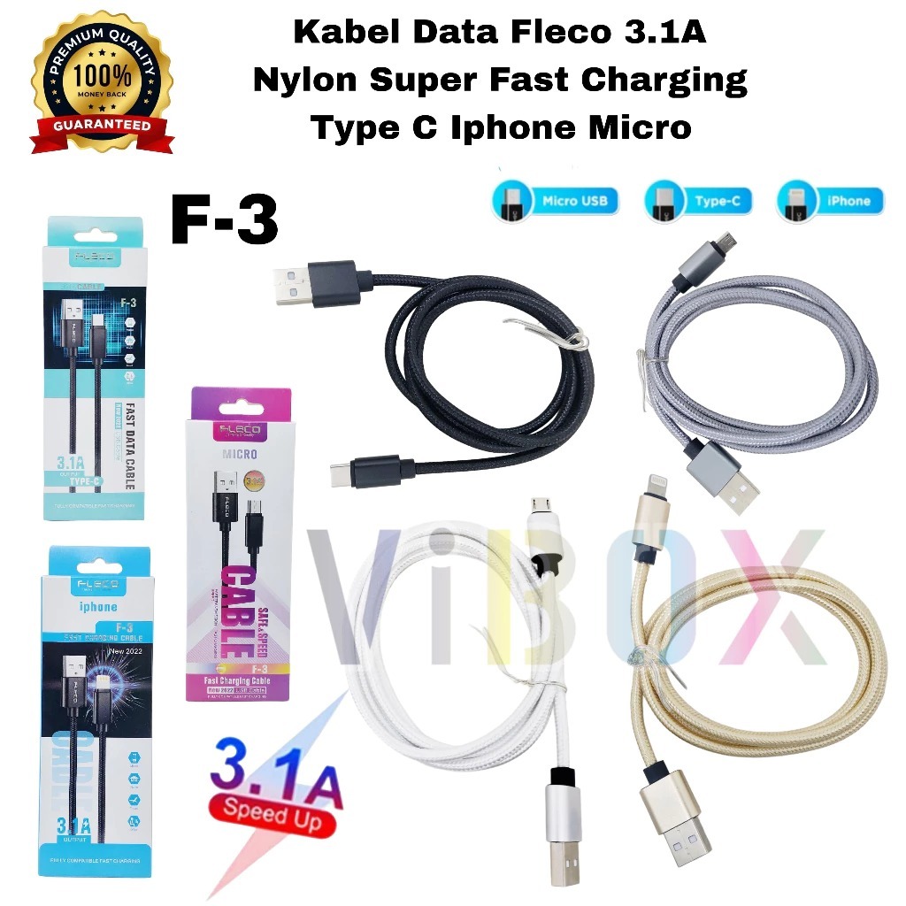 Jual Kabel Data Fleco F3 | F789 Micro Type C Lightning Qualcomm Fast Charger GLX | Shopee Indonesia