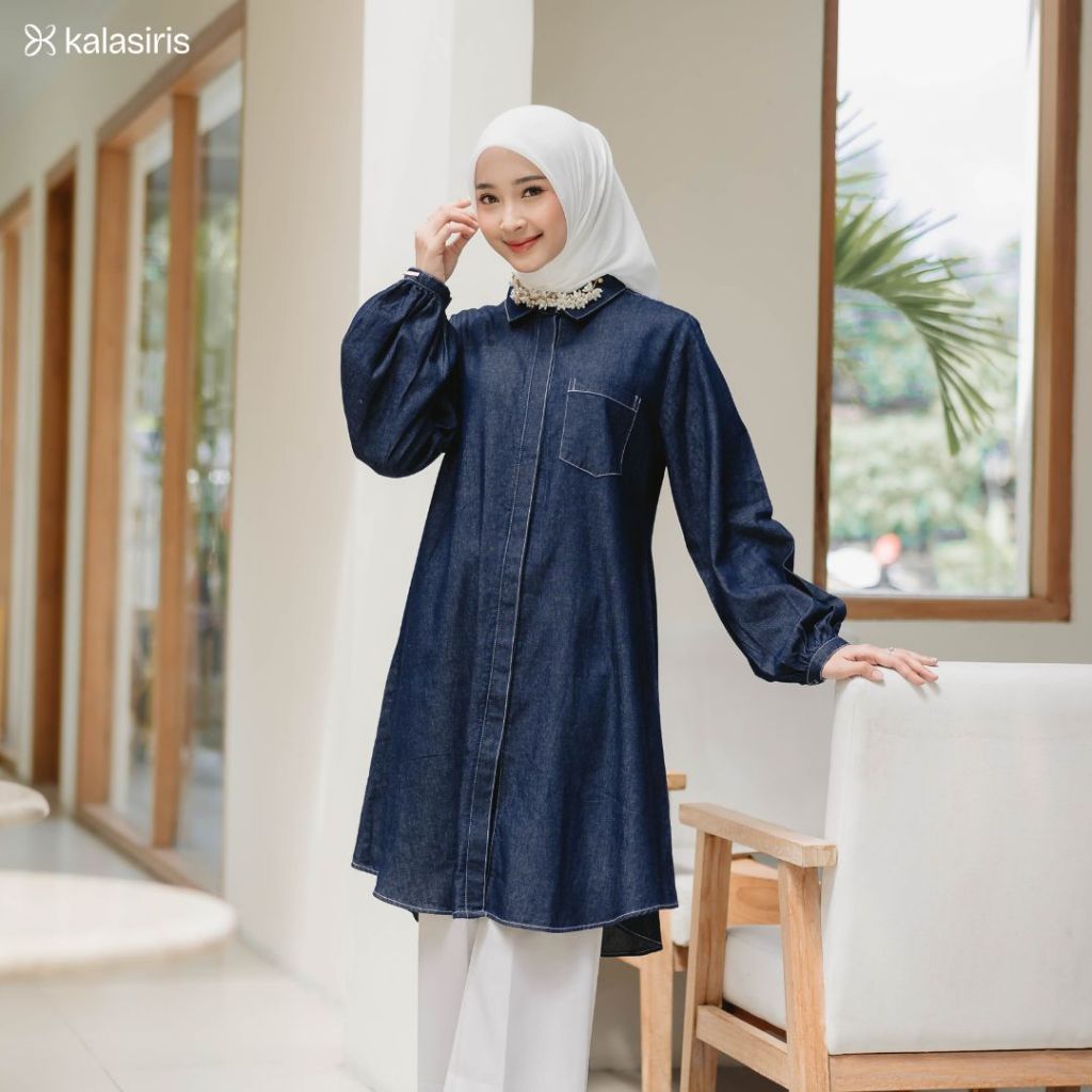 Jual Nibras Hijab x Kalasiris Baju Atasan Wanita Tunic Kerja Denim Lengan Panjang - Laza Tunic ...