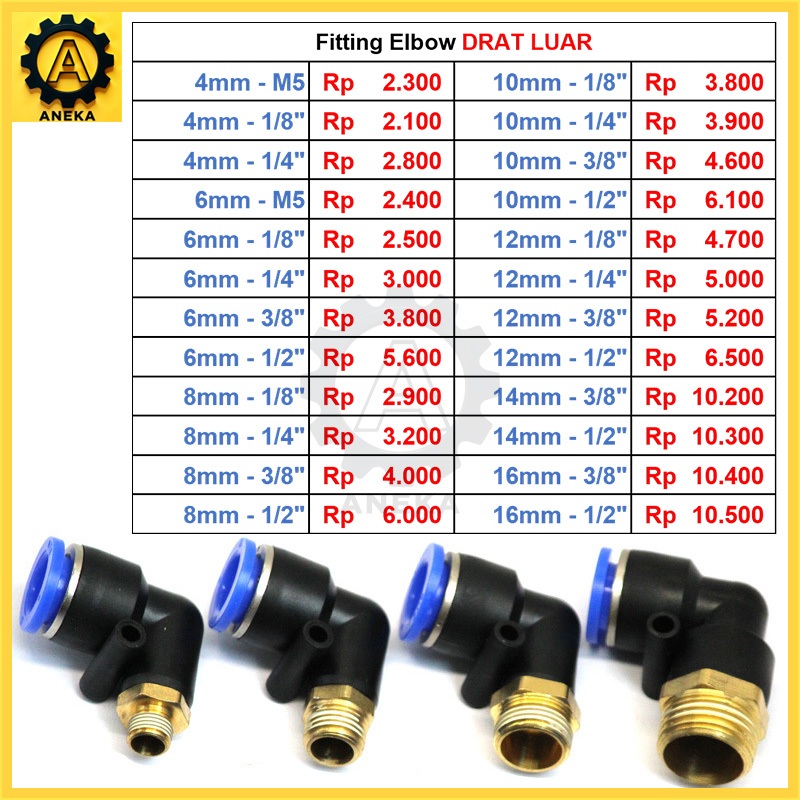 Jual Fitting Elbow Drat Luar Male M5 1/8 , 1/4 , 3/8 , 1/2 Pneumatic ...