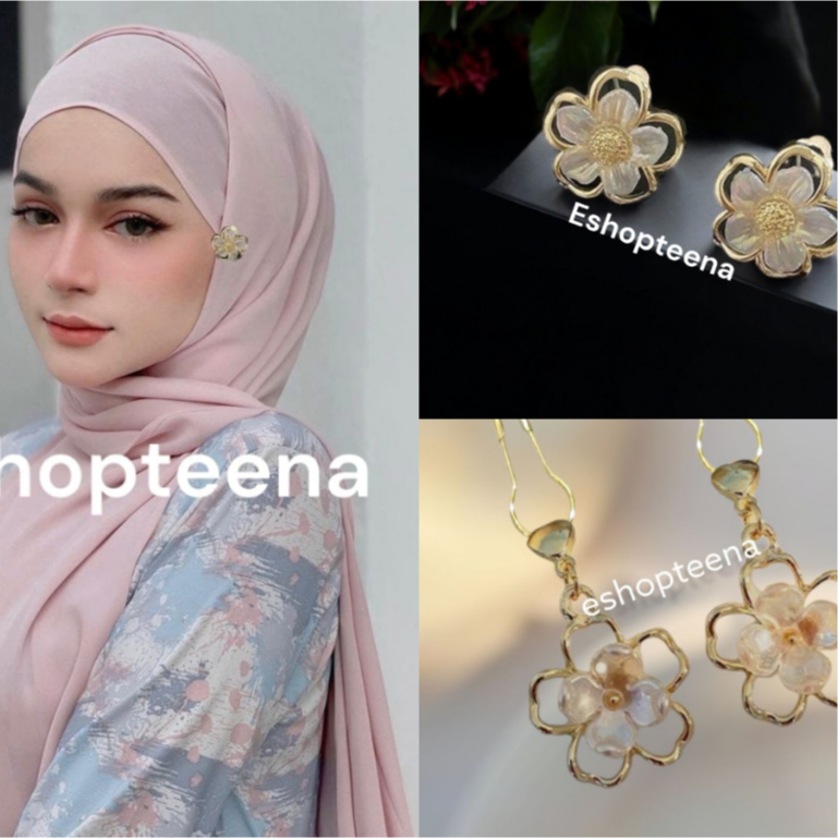 Jual A156 anting hijab bunga putih gold peniti / jepit / klip_anting ...