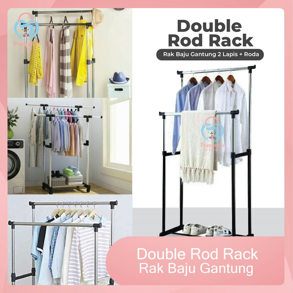 Jual Double Rod Rack Double Pole - Rak Gantung Baju 2 Lapis + Roda ...