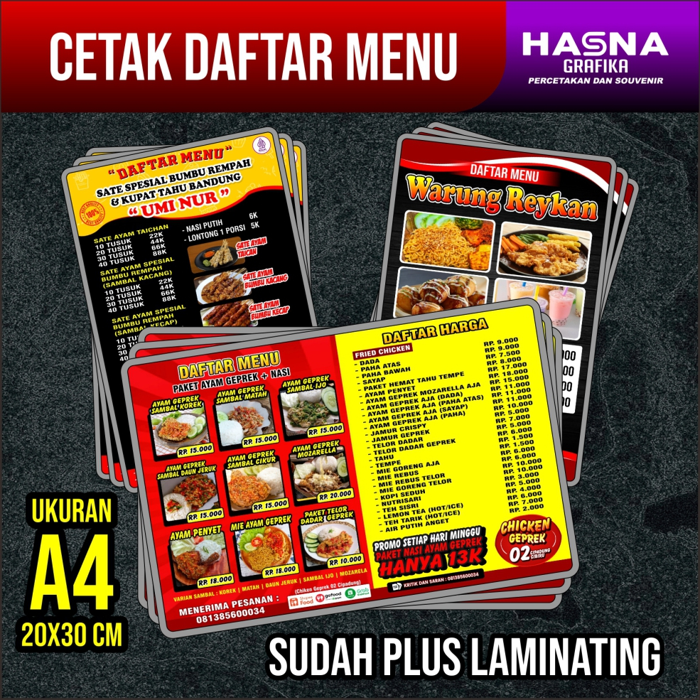 Jual Cetak Daftar Menu AP210 Toko / Restoran sudah + laminating anti ...