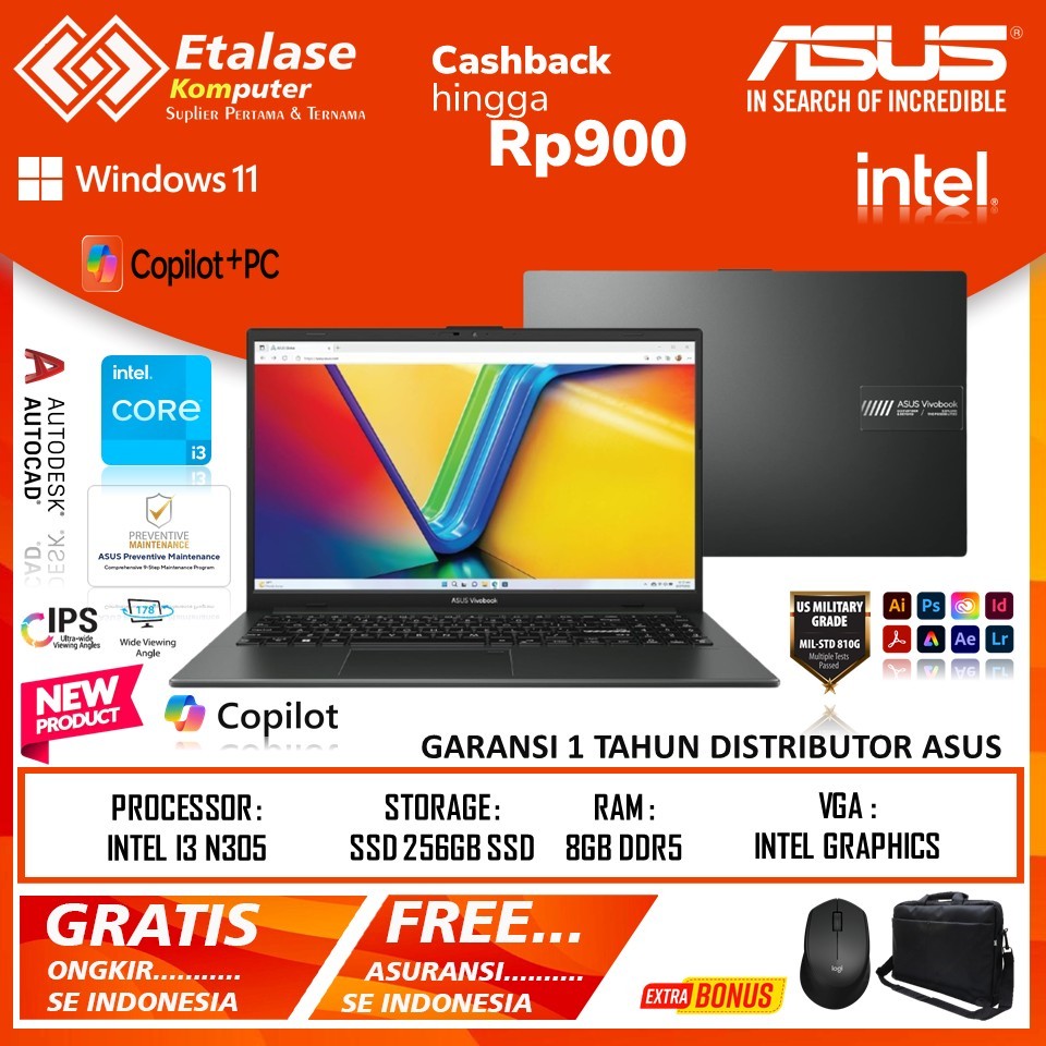Jual Laptop Asus Vivobook GO 15 E1504GA Intel i3 N305 8GB 256GB FHD NON ...