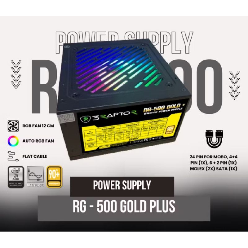 Jual Power Supply PSU Gaming RAPTOR RG-500 GOLD+ / PSU PURE 500Watt 80 ...