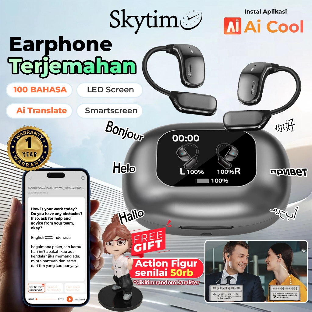 Jual (NEW Ai TWS) Skytime Earphone Olahraga Penerjemah Bahasa AI Touch ...
