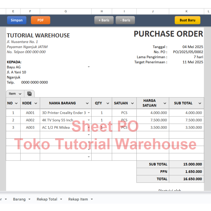 Jual Template GSheets Purchase Order (PO) Otomatis Simpan ke Arsip ...