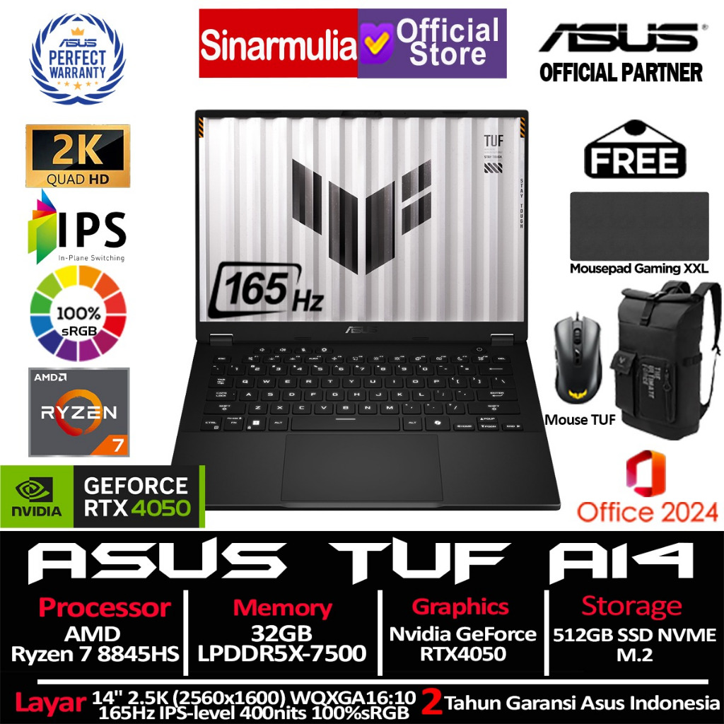 Jual ASUS TUF Gaming A14 FA401UU Ryzen 7 8845HS RTX4050 512GB SSD 32GB ...