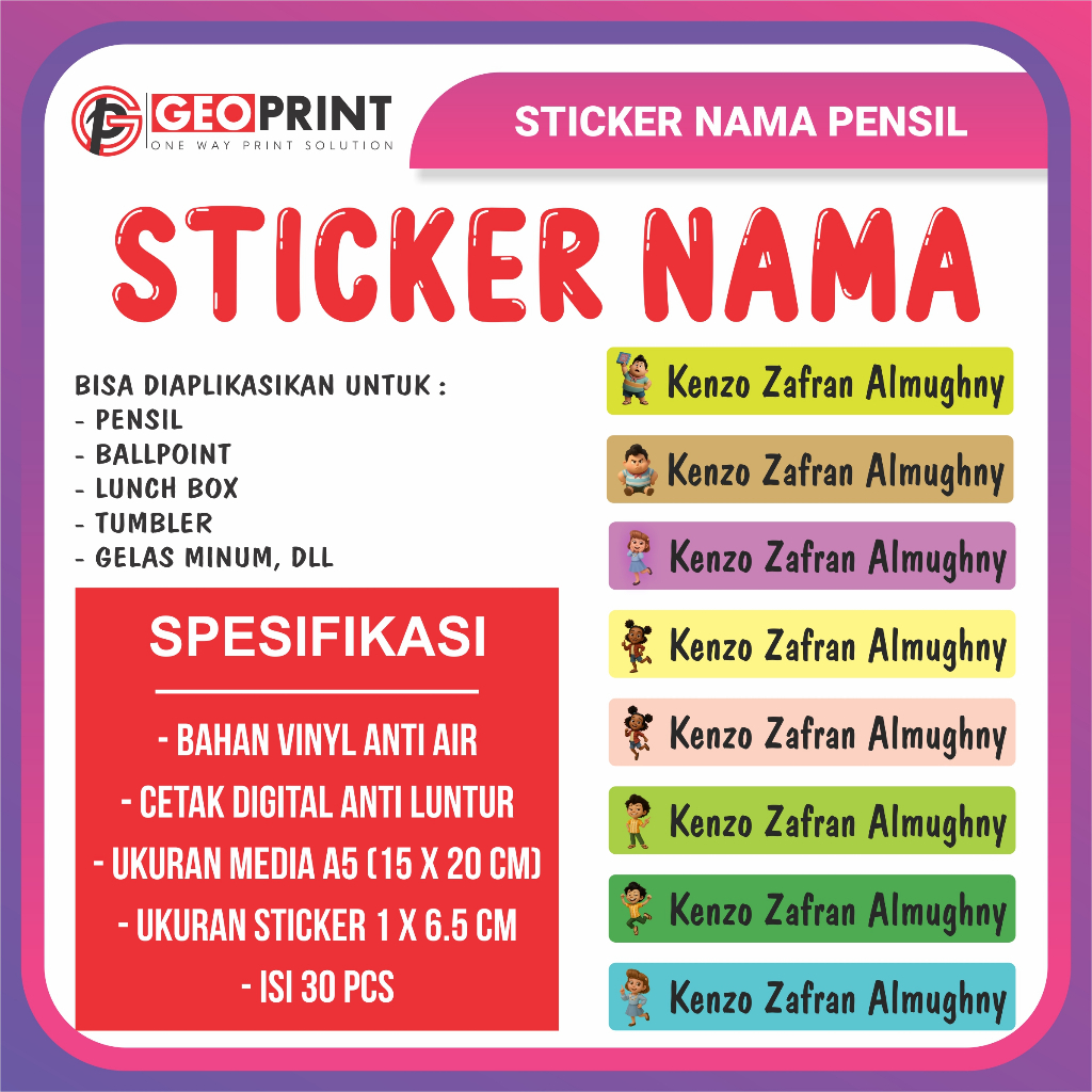Jual Sticker Nama Anak Sekolah Anti Air Bahan Vinyl Ukuran A5 Isi 30 ...