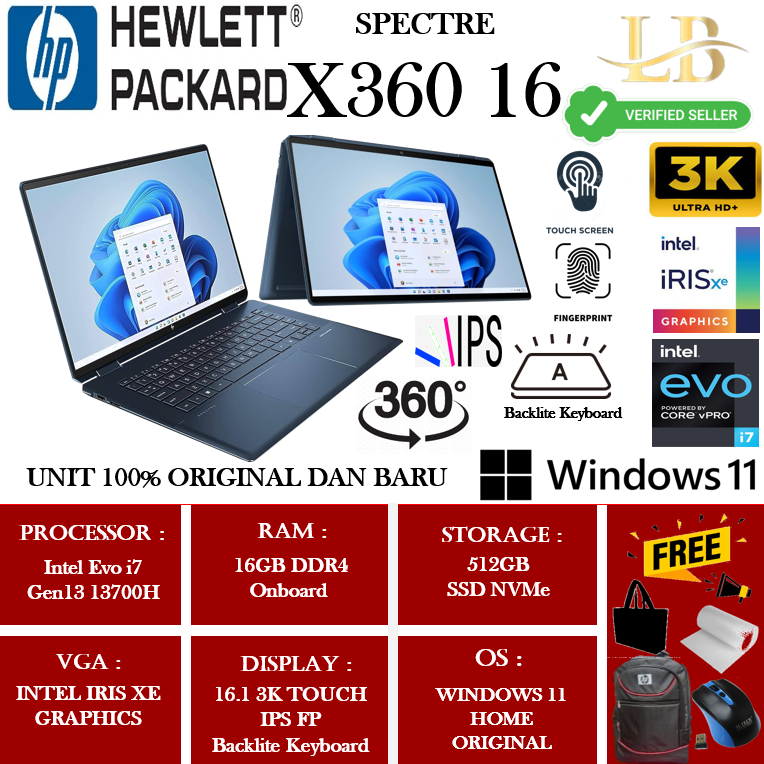 Jual Laptop HP Spectre X360 Intel Evo i7 16GB 512GB SSD 16" 3K IPS ...