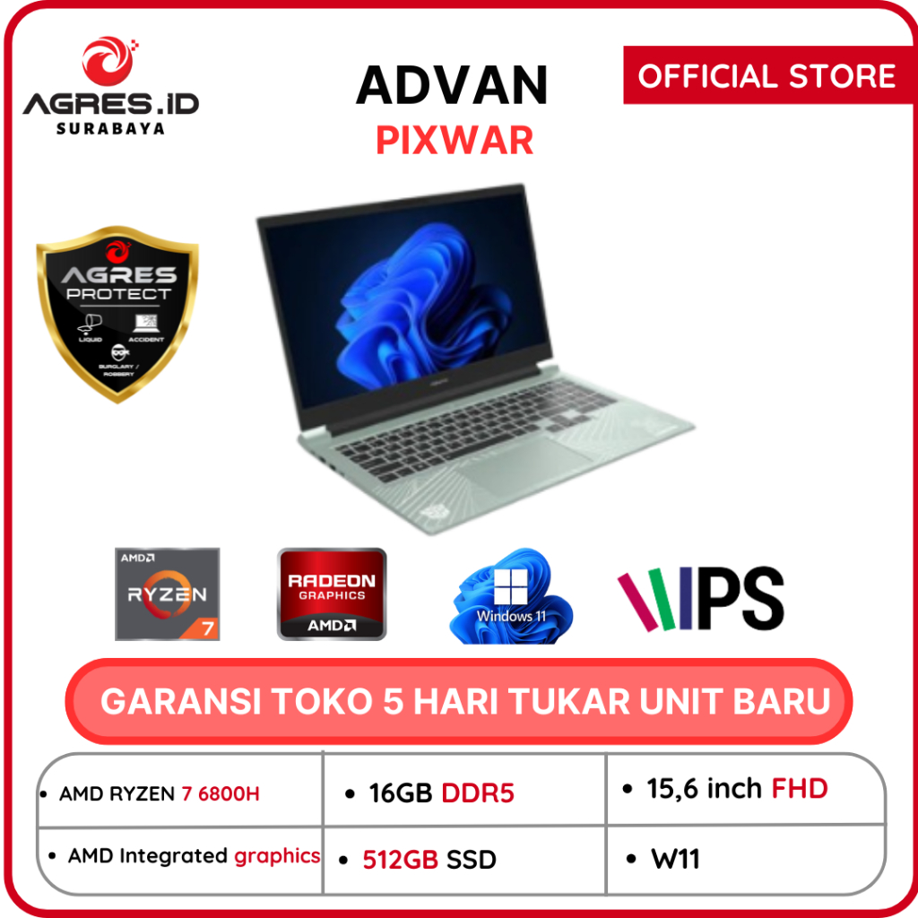 Jual ADVAN PIXWAR RYZEN 7 6800H 16GB 512GB Windows11 15.6FHD IPS CYAN ...