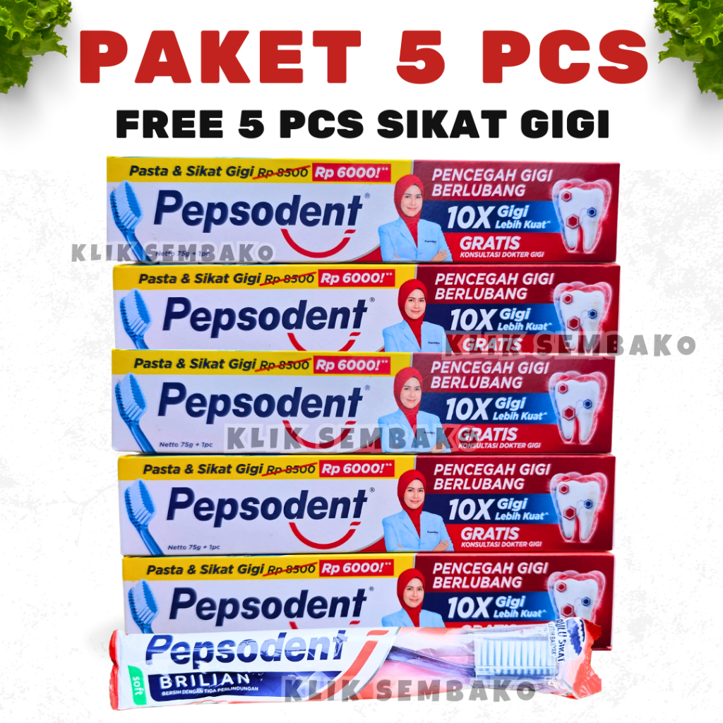 Jual Promo 5 Pasta Gigi Pepsodent merah 75gr Bonus 5 Pcs Sikat Gigi ...