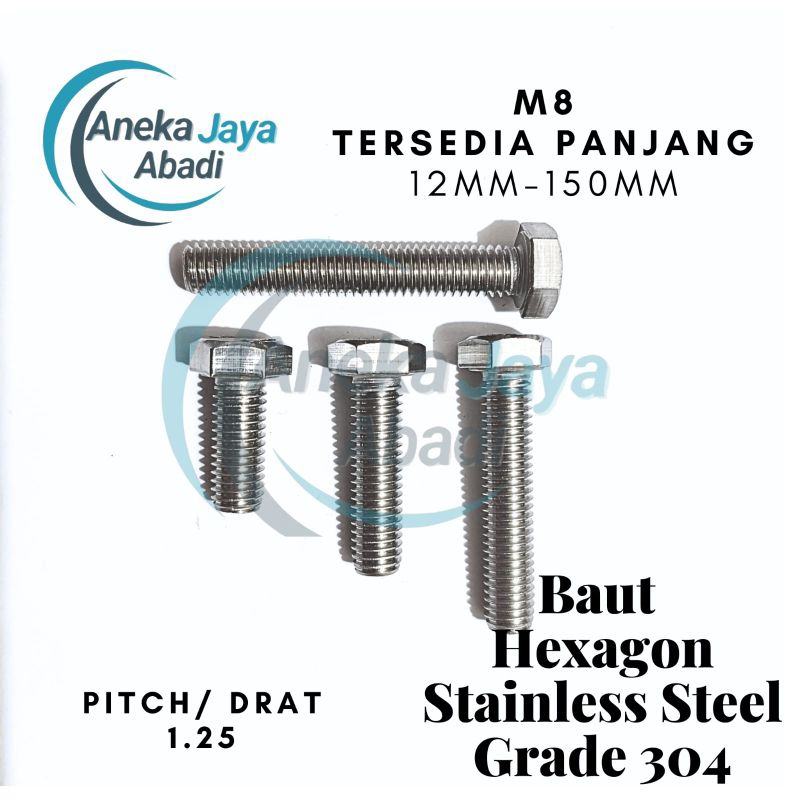 Jual Baut Hexagon M8 Stainless Steel 304 - Baud SS304 - Bolt SS M8 Panjang 12mm - 150mm P1.25 ...